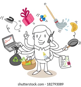 Vector Illustration Monochrome Cartoon Character Multitasking Stock ...