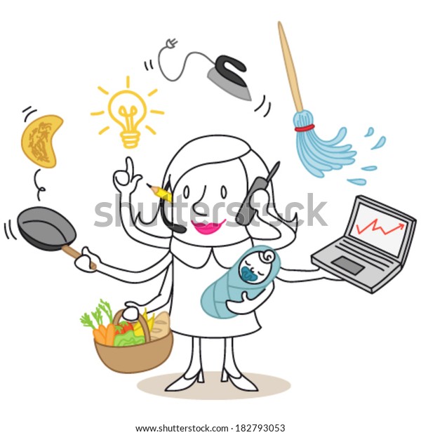 Vector Illustration Monochrome Cartoon Character Multitasking Stock ...