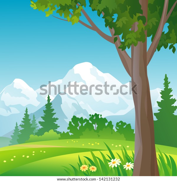 Vector Illustration Mountain Forest Square Background Stock Vector ...