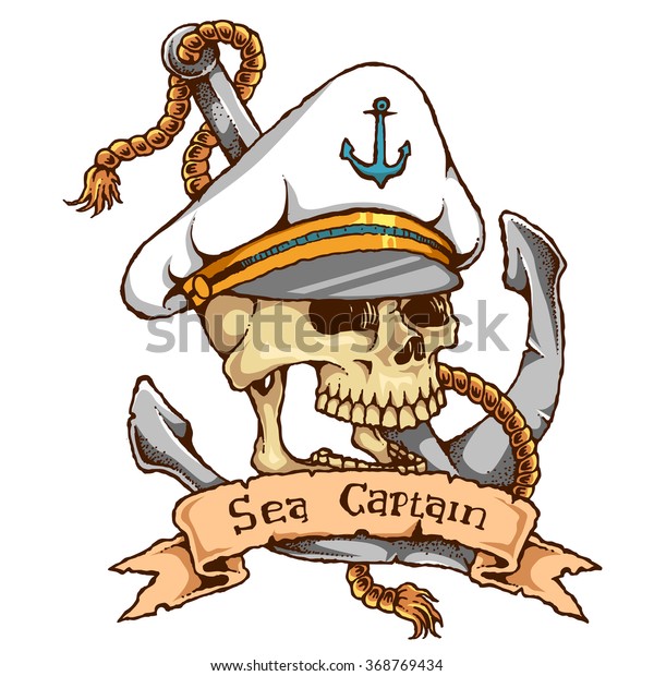 Vector Illustration Of Nautical Skull Captain With Banner and Anchor