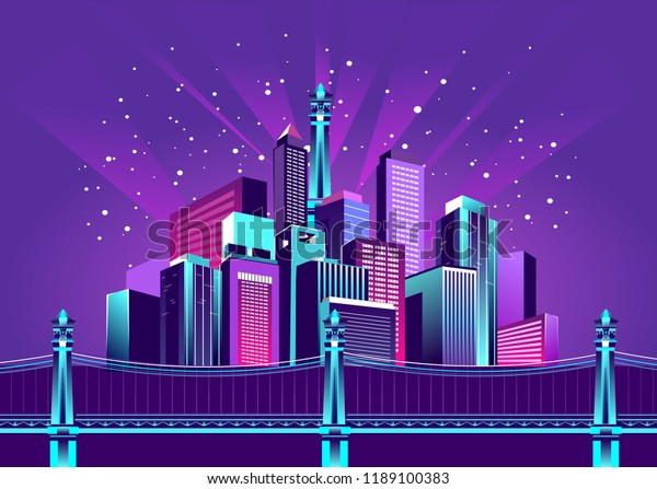 Vector Illustration Neon Colored City Night Stock Vector (Royalty Free ...