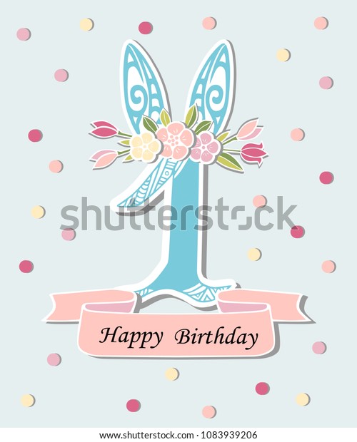 Vector illustration with number One, Bunny ears and floral wreath ...