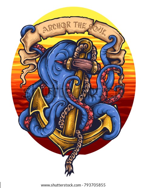 Vector Illustration Octopus Holding Anchor Tentacle Stock Vector ...