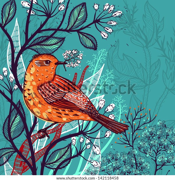 Vector Illustration Orange Bird Wild Plants Stock Vector (Royalty Free ...