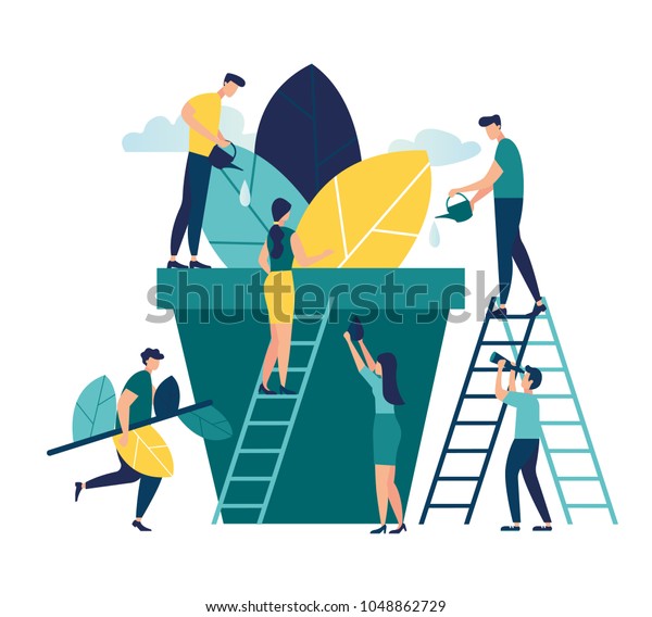 Vector Illustration People Grow Plants Pots Stock Vector (Royalty Free ...