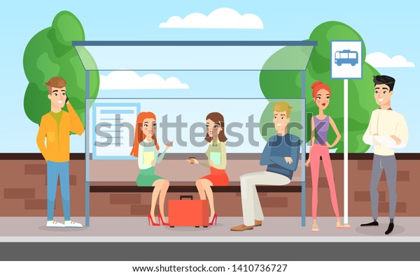 Vector Illustration People Waiting Bus Men Stock Vector (Royalty Free ...