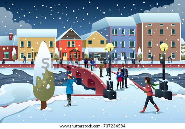 A vector illustration of People Walking in Town During Winter