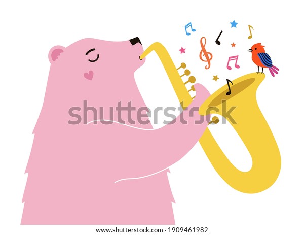 Vector Illustration Pink Bear Plays Saxophone Stock Vector (Royalty ...