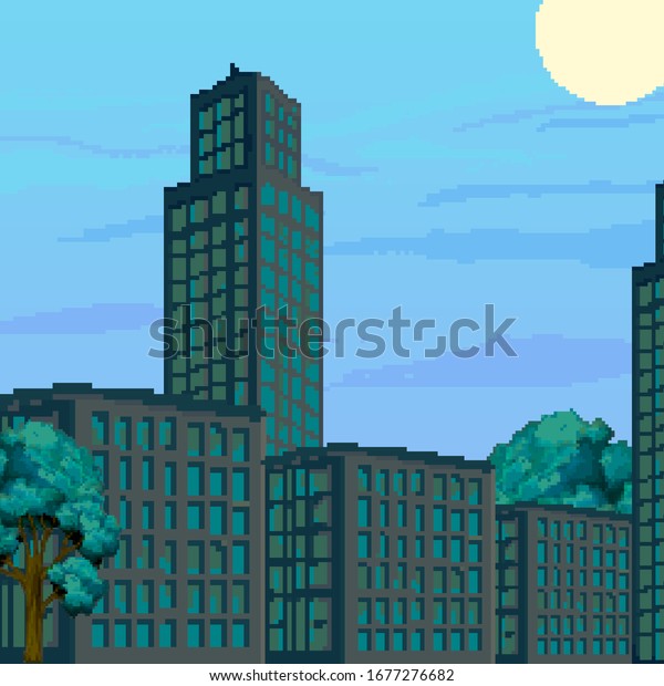 Vector Illustration Pixel Art City Pixel: เวกเตอร์สต็อก (ปลอดค่า ...