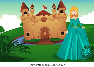 Vector Illustration Princess Front Her Castle Stock Vector (Royalty ...