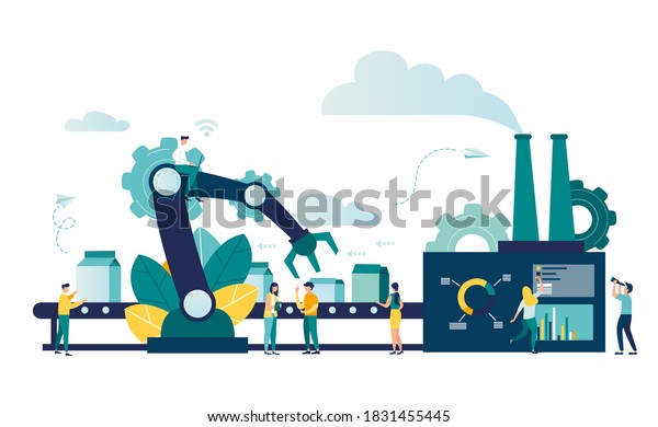 Ilustración de vectores, línea de producción con trabajadores, empresa ...
