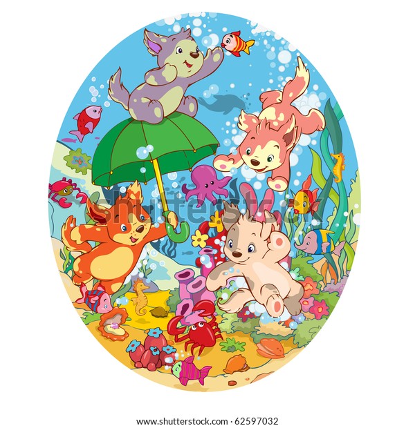 Vector Illustration Puppies Ocean Adventure Cartoon Stock Vector ...