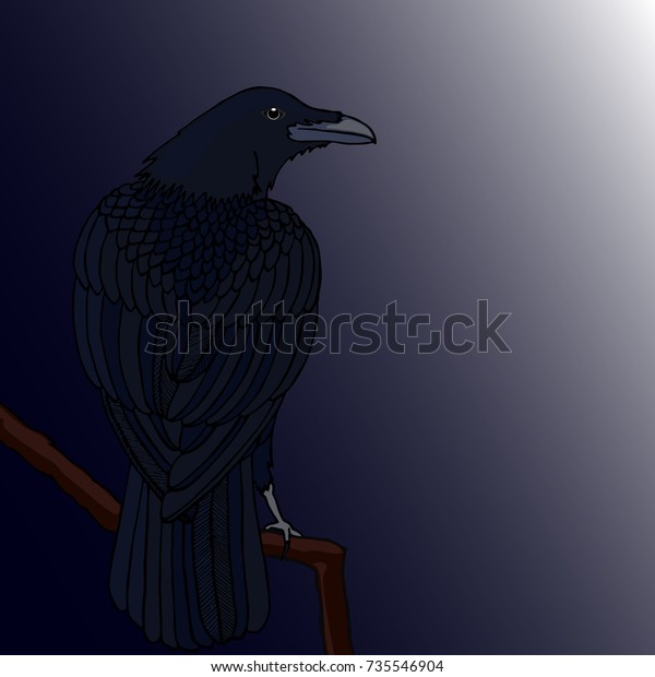 Vector Illustration Raven Sitting On Branch Stock Vector (Royalty Free ...