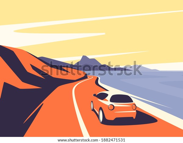 Vector Illustration Red Car Moving Along Stock Vector (Royalty Free ...