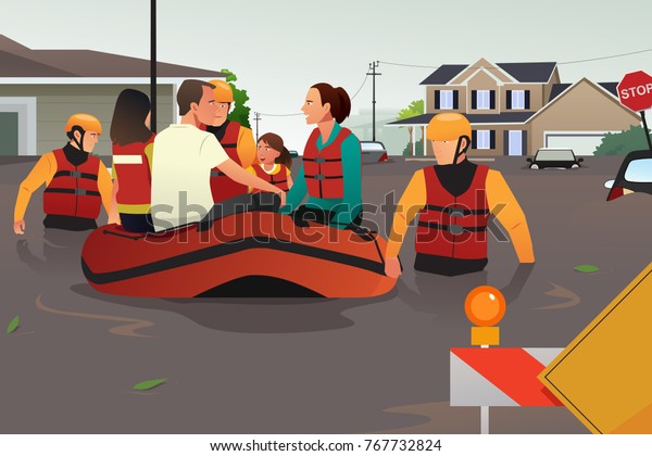 Vector Illustration Rescue Team Helping People Stock Vector (Royalty ...