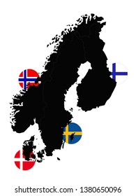 Vector Illustration Nordic Countries Map Flags 스톡 벡터(로열티 프리) 1022218075 ...