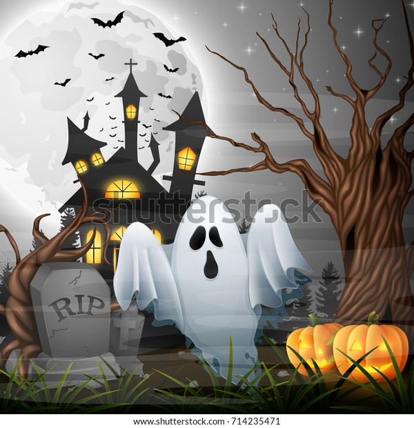 Vector illustration of Scary church background with ghost and pumpkins