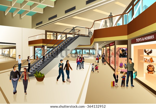 Vector Illustration Scene Inside Shopping Mall Stock Vector (Royalty ...