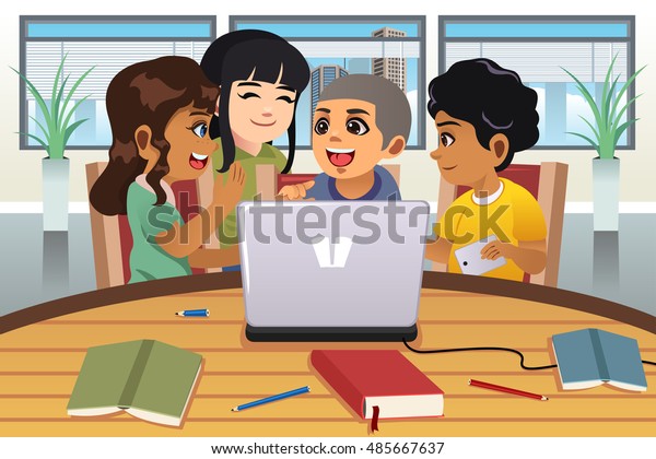 Vector Illustration School Kids Working Around Stock Vector (Royalty ...