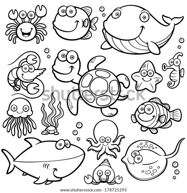 Vector Illustration Sea Animals Collection Coloring 库存矢量图（免版税）178725293