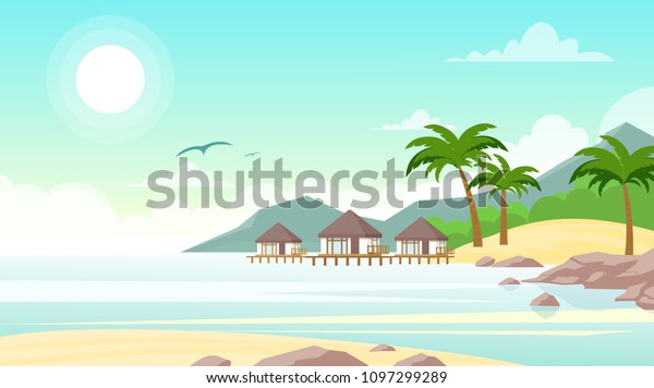 Imagen vectorial de la playa de mar con hotel. Bonitas villas a orillas ...