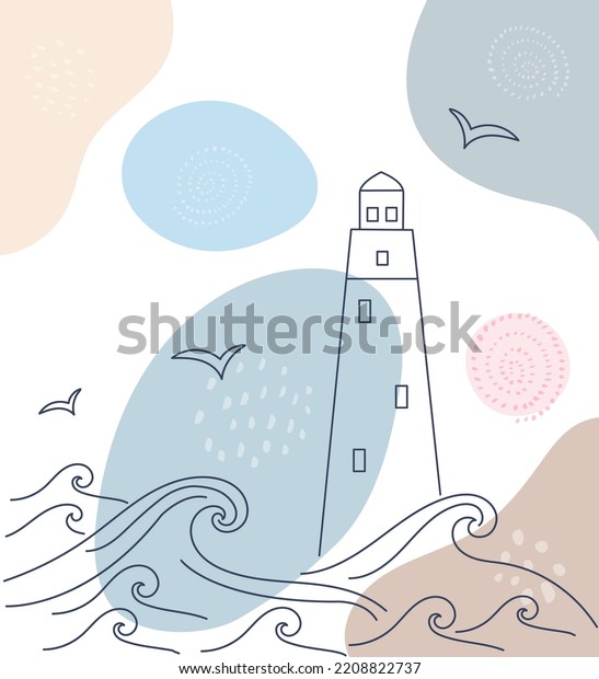 Vector Illustration Seascape Lighthouse Line Art Stock Vector (Royalty ...
