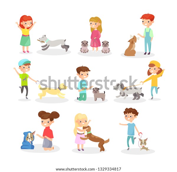 Vector Illustration Set Children Playing Dogs Stock Vector (Royalty ...