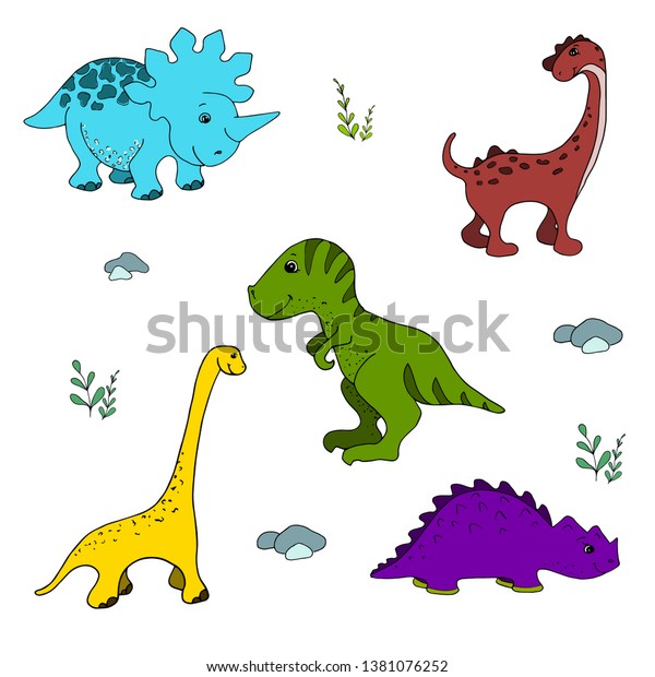 Vector Illustration Set Color Images Dinosaurs 스톡 벡터(로열티 프리) 1381076252
