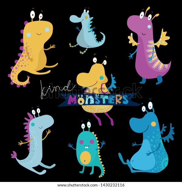 Vector Illustration Set Funny Kind Monsters Stock Vector (Royalty Free ...