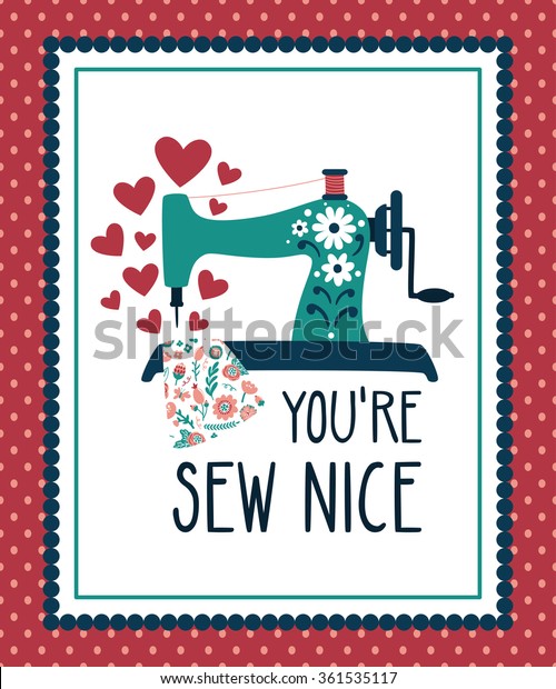 Vector Illustration Sewing Machine Fabric Hearts Stock Vector (Royalty ...