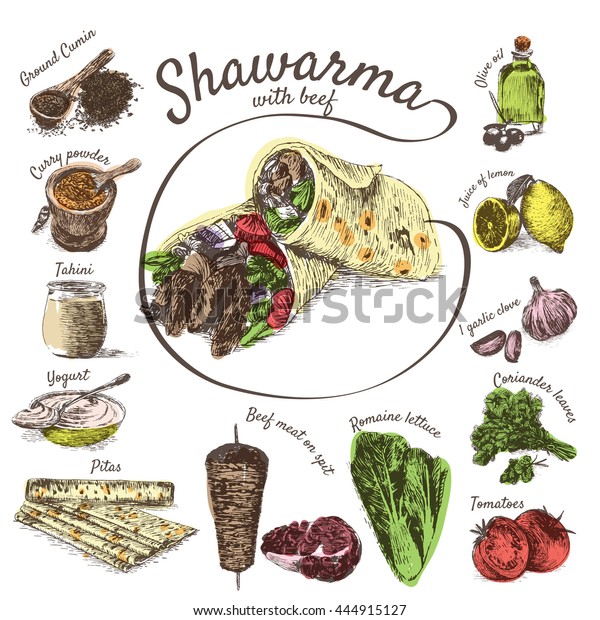 Vector Illustration Shawarma Ingredients Beef Hand Stock Vector ...