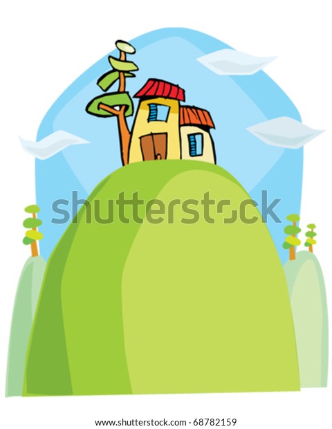 Vector Illustration Showing House On Hill Stock Vector (Royalty Free ...
