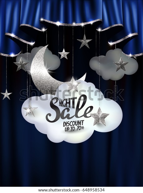 Vector illustration with silver moon and stars, clouds and theater ...