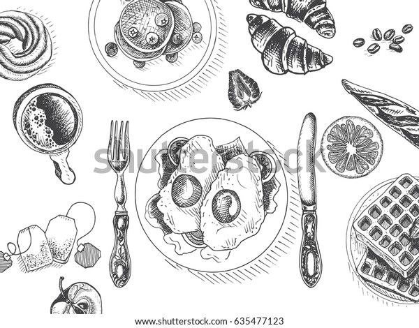Dessin d'illustration vectorielle - petit-déjeuner. Brunch : image ...