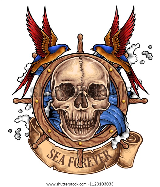 Vector Illustration Skull Sea Wave Wheel 库存矢量图（免版税）1123103033 ...