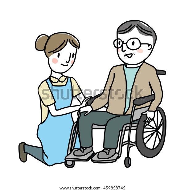 vector illustration - smiling female caregiver taking care of happy ...