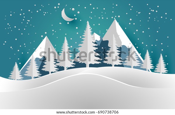 ilustración vectorial del bosque de nieve con hermoso cielo. pinos en ...