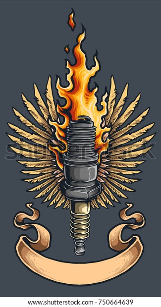 Vector Illustration Spark Plug Banner Flames Stock Vector (Royalty Free ...