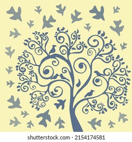 Vector Illustration Stylized Tree Birds Stock Vector (Royalty Free ...