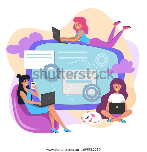 Vector Illustration Three Girls Working On Stock Vector (Royalty Free ...