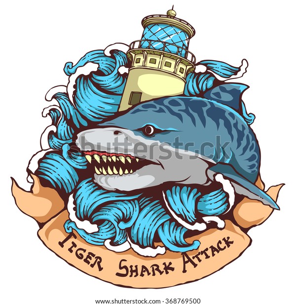 Vector Illustration Tiger Shark Banner Text: เวกเตอร์สต็อก (ปลอดค่า ...