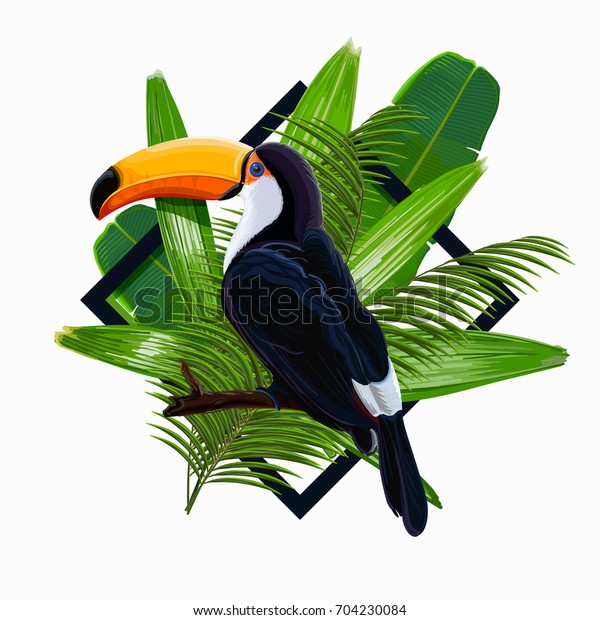 Vector Illustration Tropical Leaves Bird Toucan Stock Vector (Royalty ...
