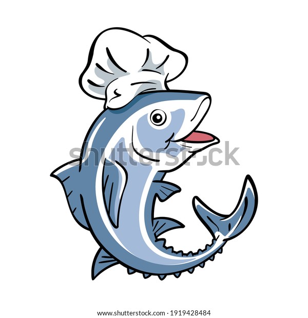 Vector illustration of tuna cartoon character wearing chef's hat.