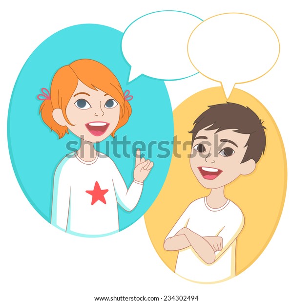 Vector illustration. Two cartoon style kids half-length portrait ...