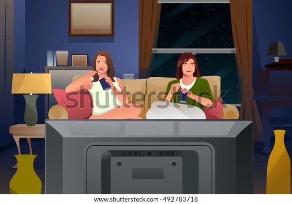 Vector Illustration Two Female Friends Watching Stock Vector (Royalty ...