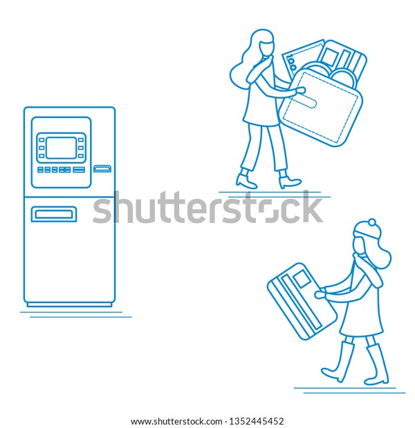 Vector Illustration Two Girls Use Atm Stock Vector (Royalty Free ...