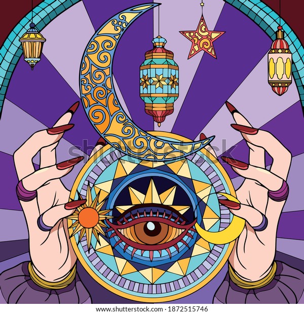 Vector Illustration Two Hands Magical Elements Stock Vector (Royalty ...
