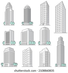 Vector Illustration Various Buildings Line Drawing Stock Vector ...