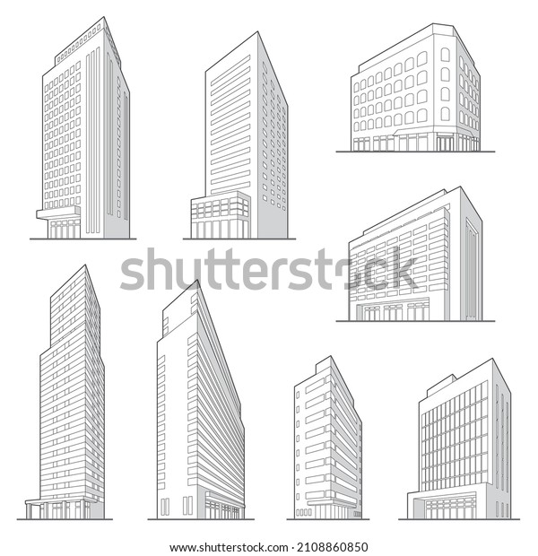 Vector Illustration Various Buildings Line Drawing Stock Vector ...