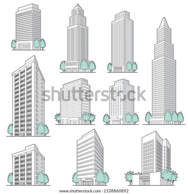 Vector Illustration Various Buildings Line Drawing Stock Vector ...